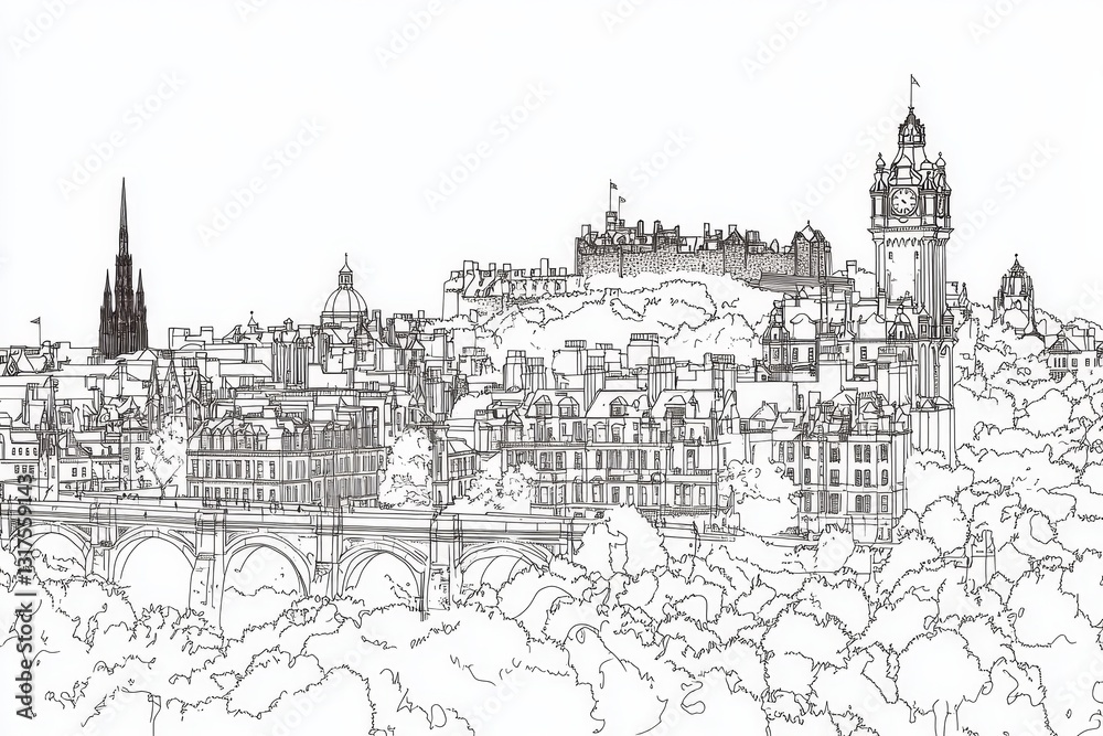 Edinburgh Skyline Line Art Coloring Page - A detailed line art coloring ...