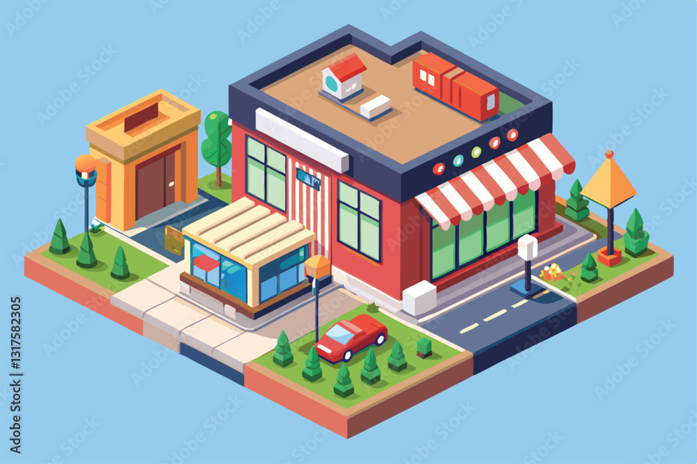 Shops are in an isometric layout, poised for reopening, surrounded by greenery and urban ...