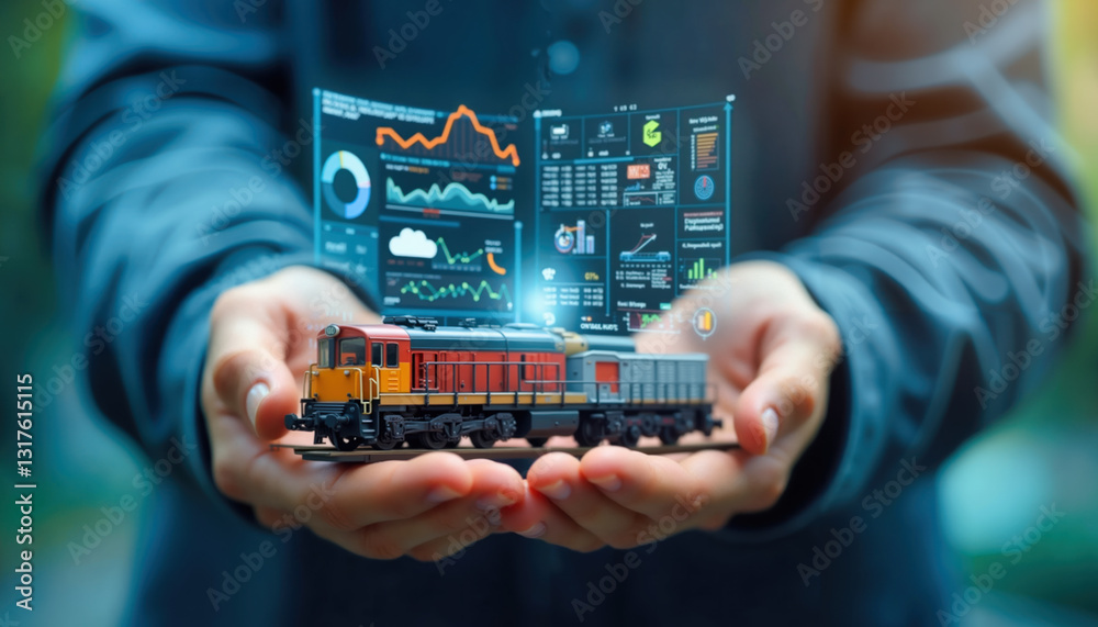Hands holding freight locomotive with digital analytics dashboard ...