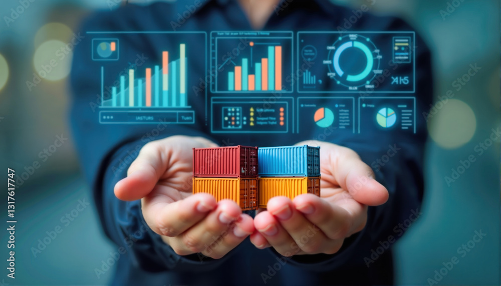 Hands holding colorful shipping containers with digital analytics ...