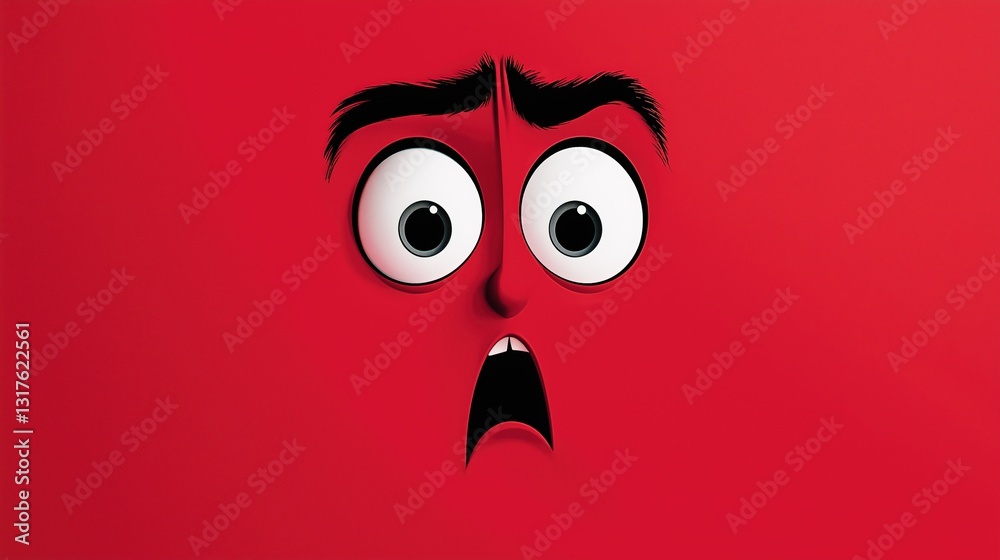 Cartoon face with a shocked and scared expression on a solid red ...