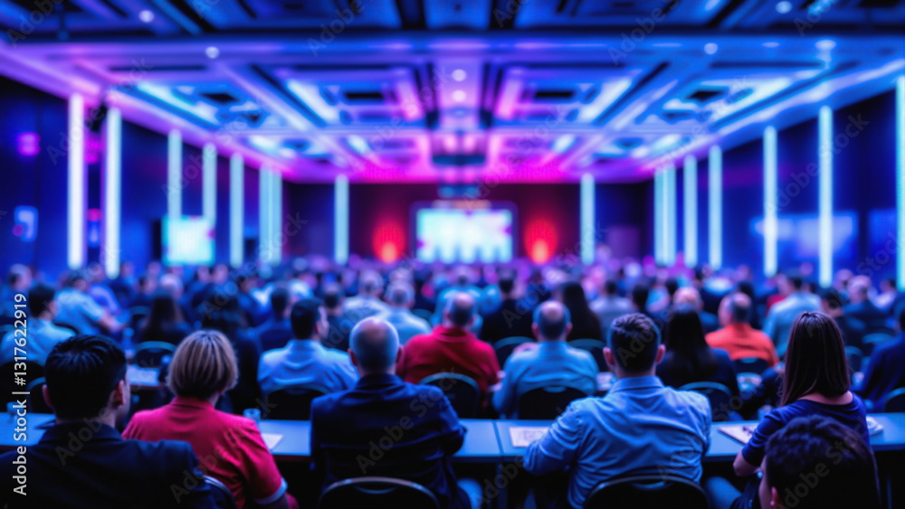 Large audience at business conference with blue and purple lighting ...