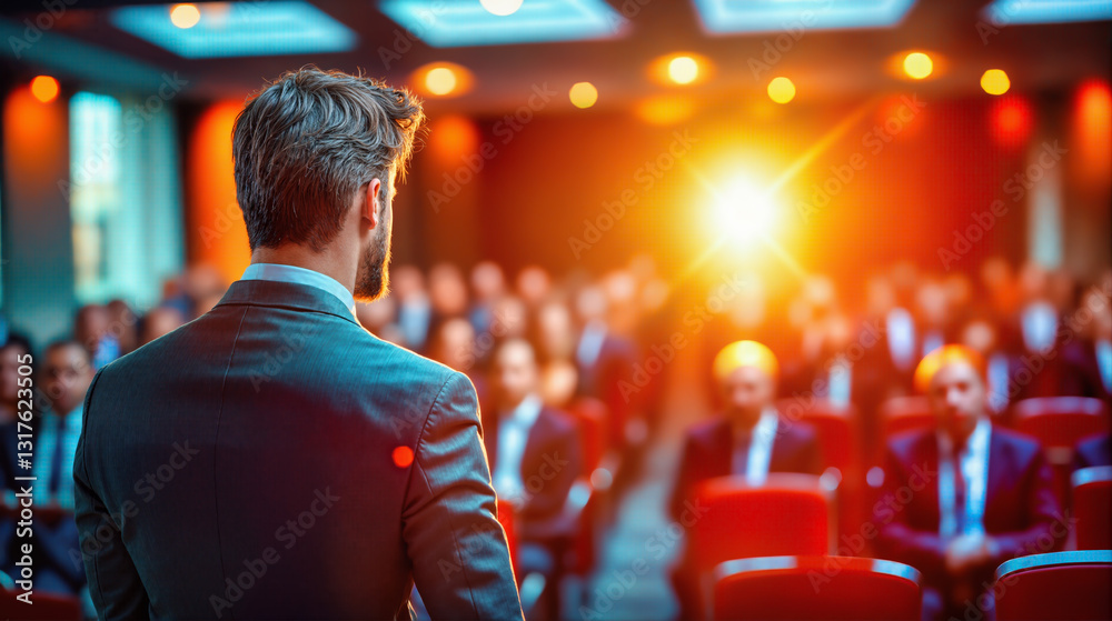 Professional speaker at business conference with attentive audience in ...