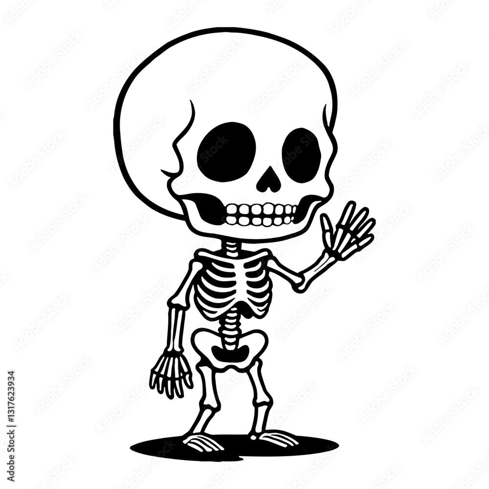 Cute Chibi Kawaii Skeleton Cartoon Illustration Waving Hand Black and ...