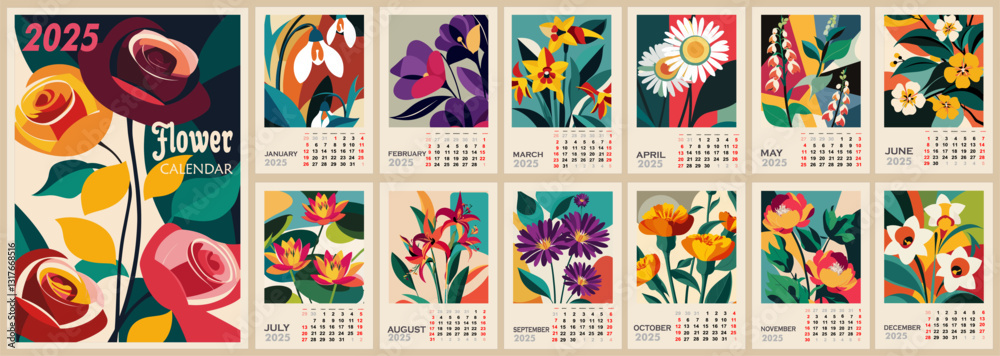 Floral calendar template for 2025 . Vertical design with birth month ...