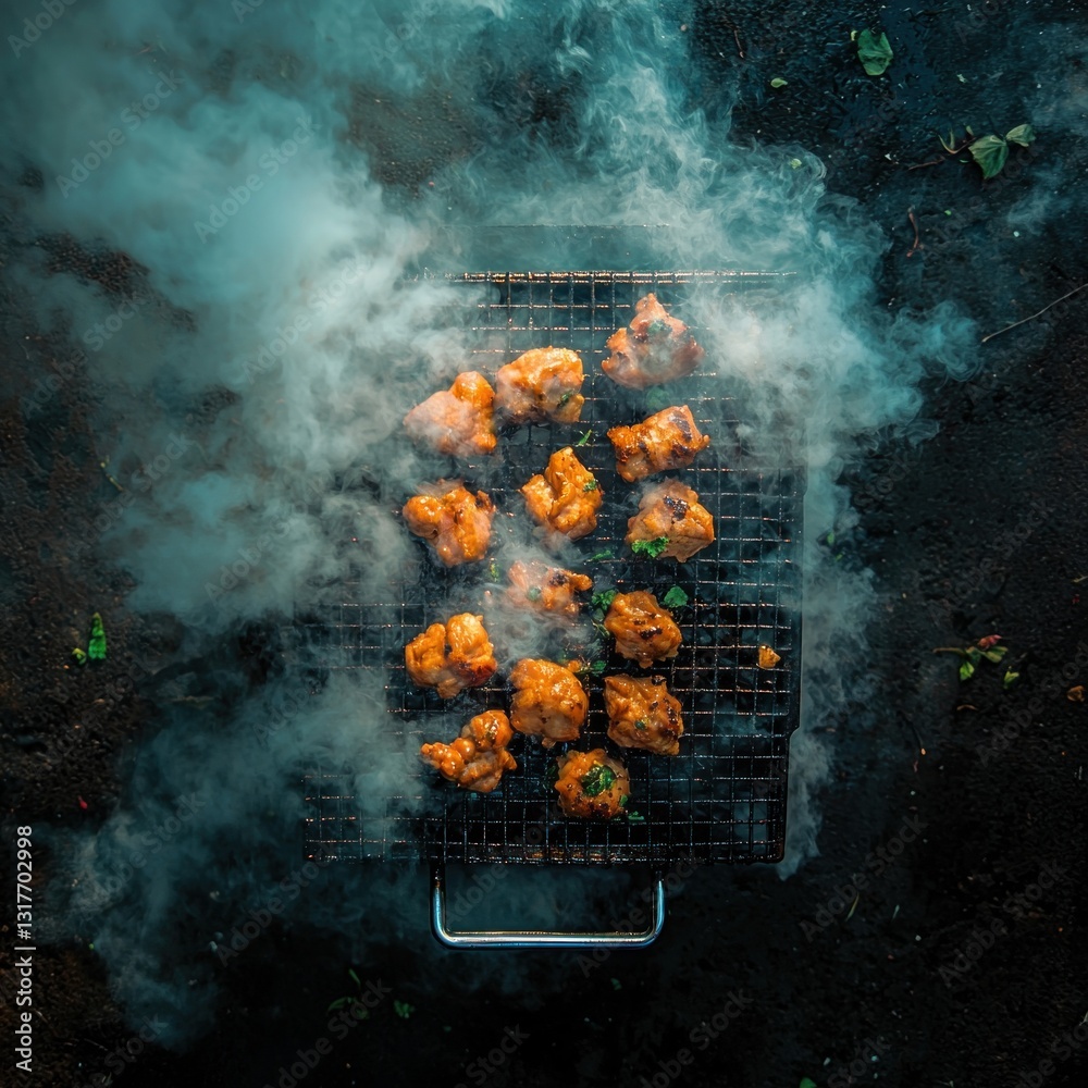 Smoking meat chunks on a grill Stock Illustration | Adobe Stock