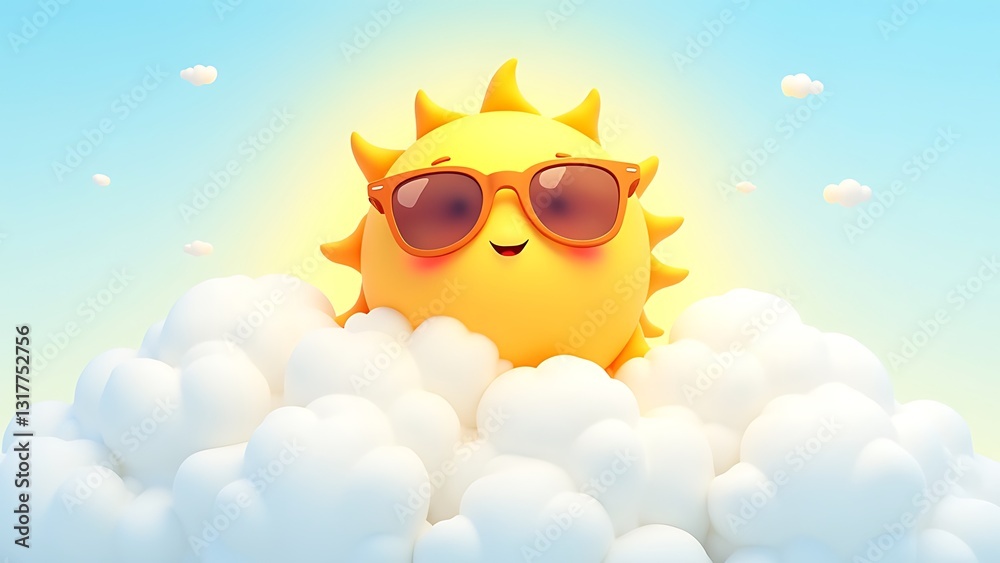 cartoon sun wearing sunglasses with fluffy clouds in summer Stock ...
