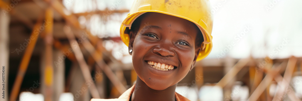 Inclusive image of a happy black female construction worker trainee on ...