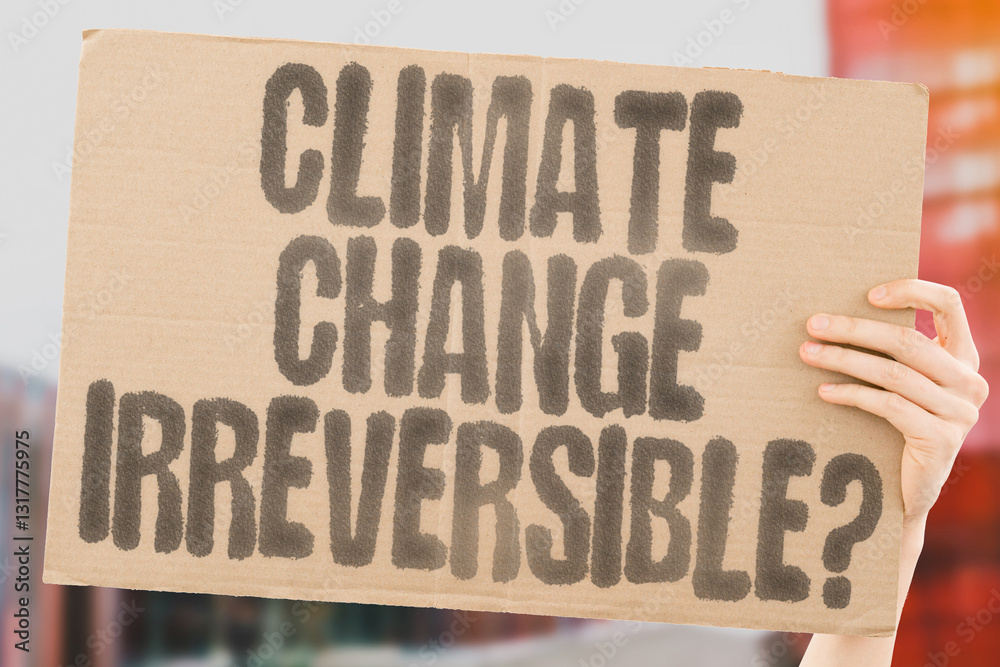 "Climate change irreversible?" on worn cardboard. Highlights ...