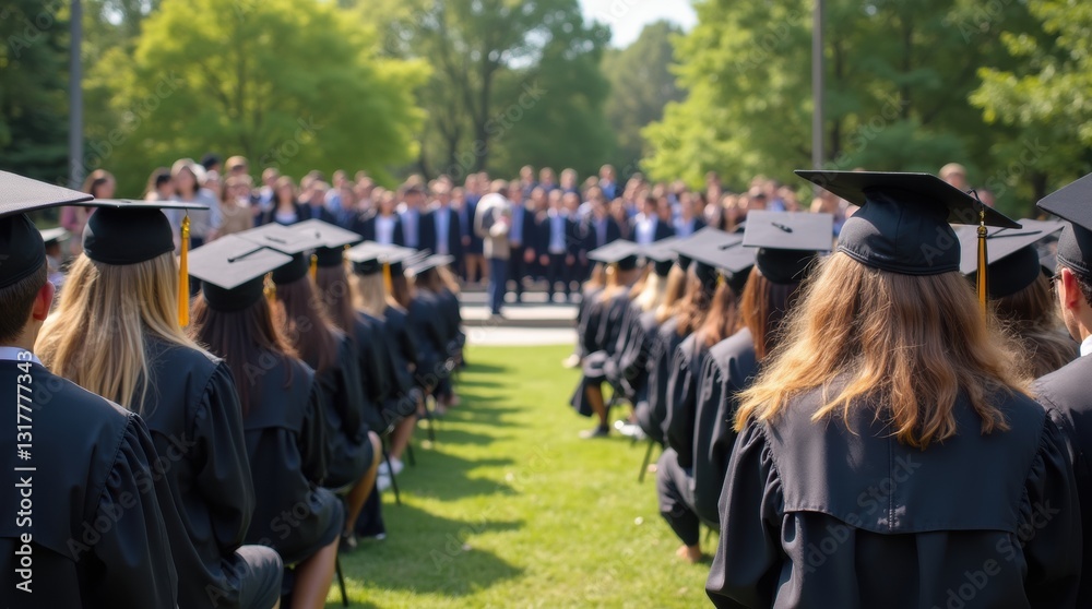 A lively outdoor high school graduation ceremony with students in caps ...