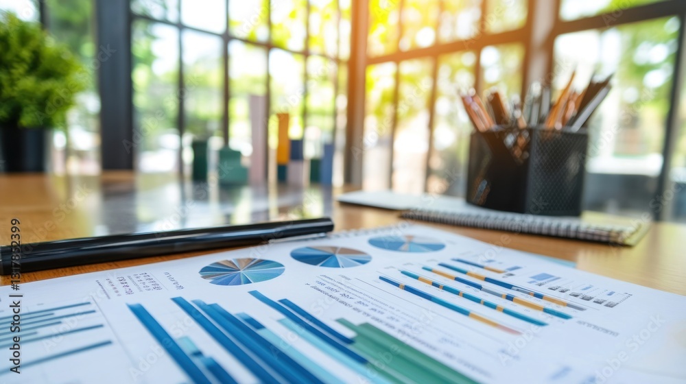 Detailed analysis of financial reports and charts at modern workplace ...