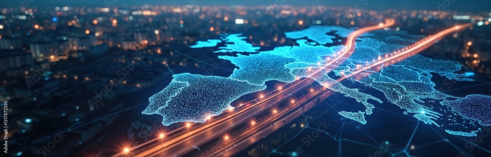 Global trucking business transformation illustration. Digitalized map ...