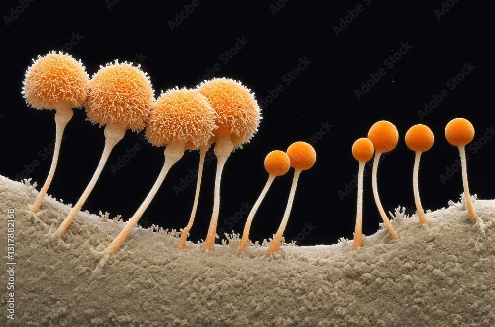 Microscopic view of growing mold and spores, showcasing fungal ...