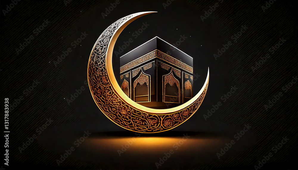 Intricate golden crescent moon with the Kaaba at its center ...