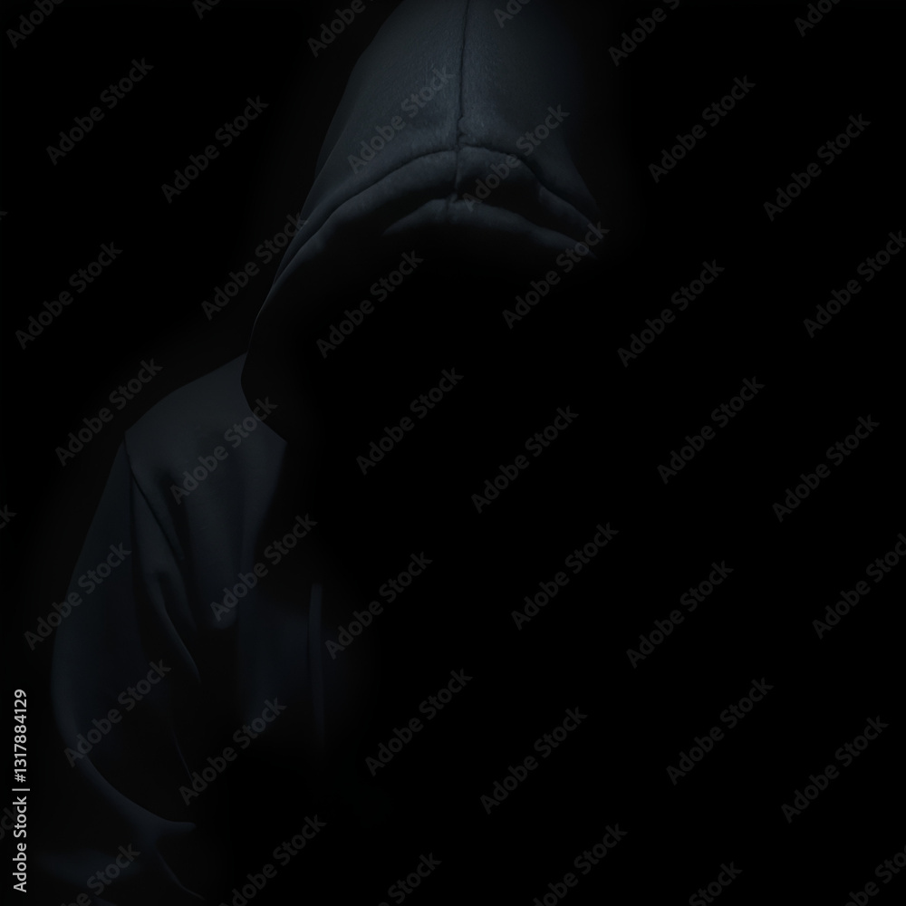 Suspicious figure in shadows, wearing a hoodie and mask, lurking with ...