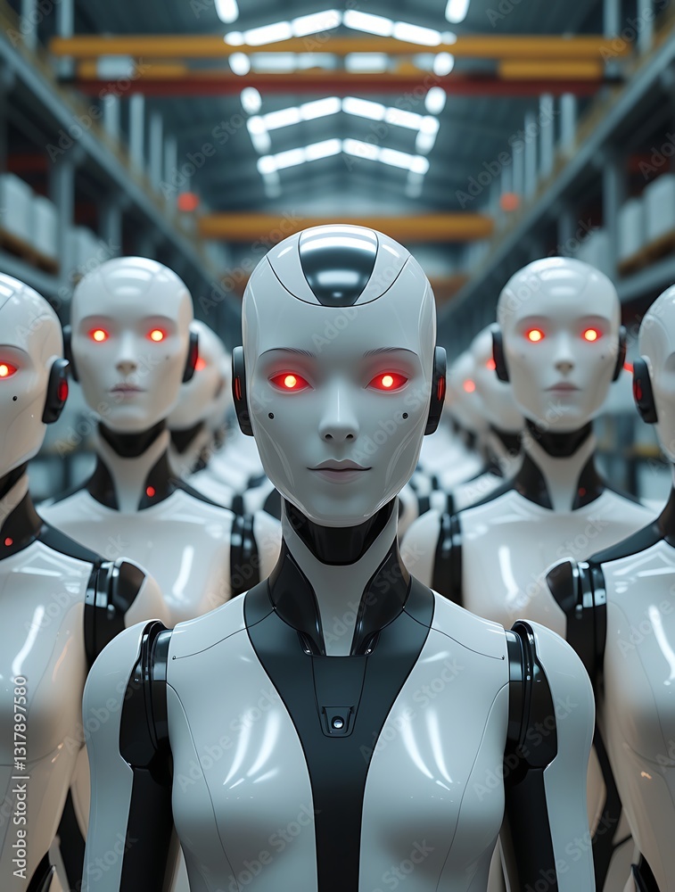 Futuristic humanoid robots with glowing red eyes standing in perfect ...