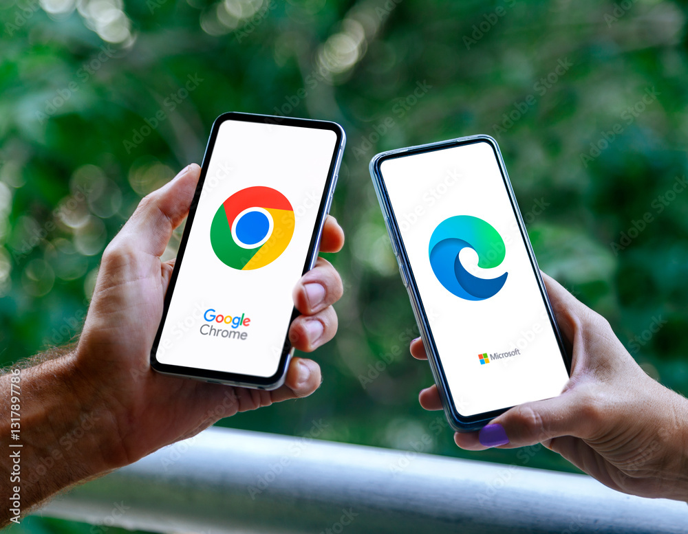 Hands of two people with mobile phones showing the chrome browser on ...