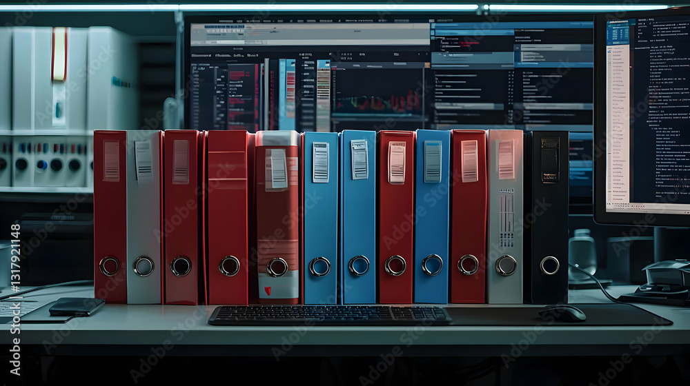 Neatly Organized Files in a Modern Office Workspace at Night With a ...