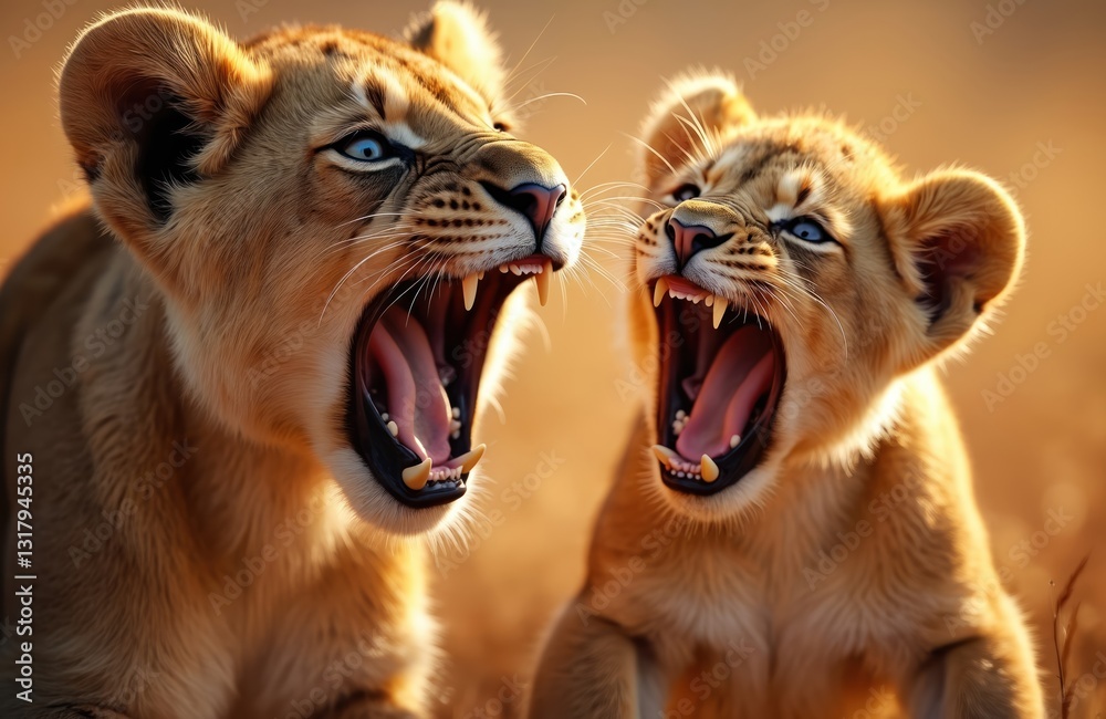Two lion cubs roar showing their teeth. Lioness and baby lion portrait ...
