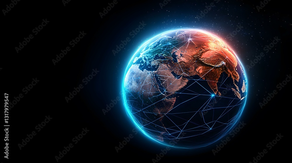 The image shows a digitally enhanced rendering of planet Earth, with ...