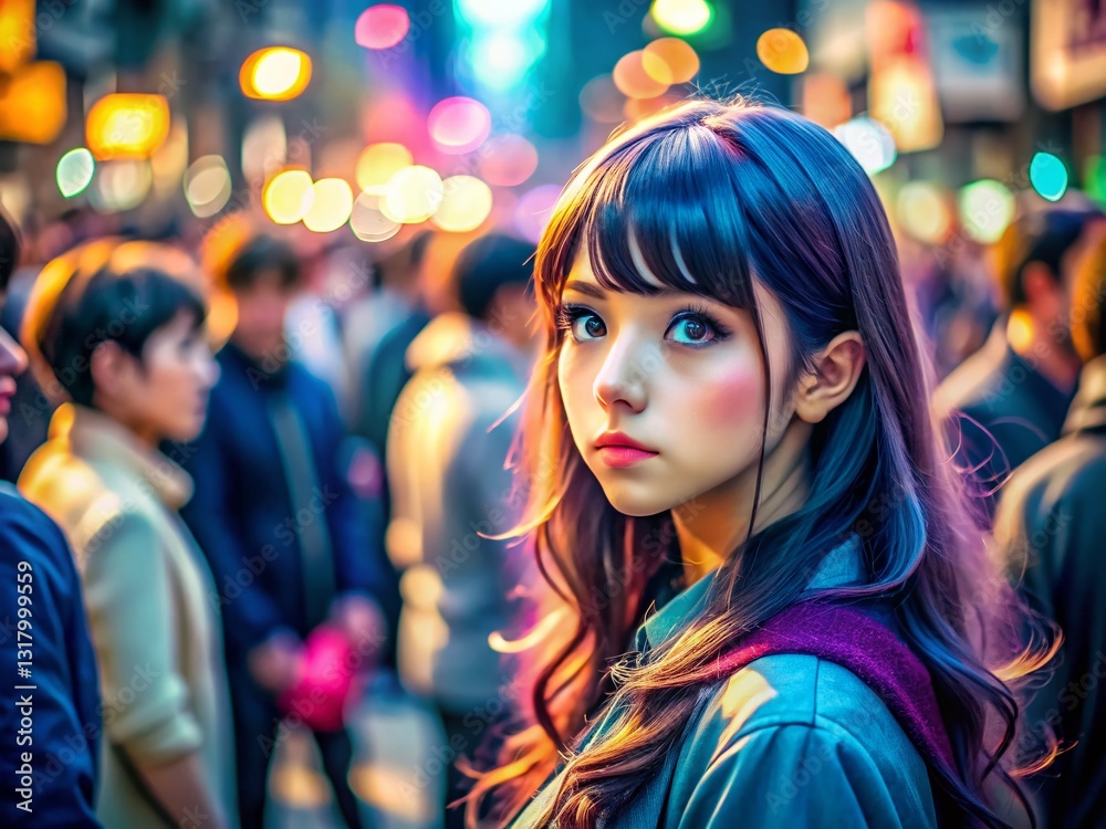 Anime Girl Observing Crowd: Curious Anime Female Character Watching ...