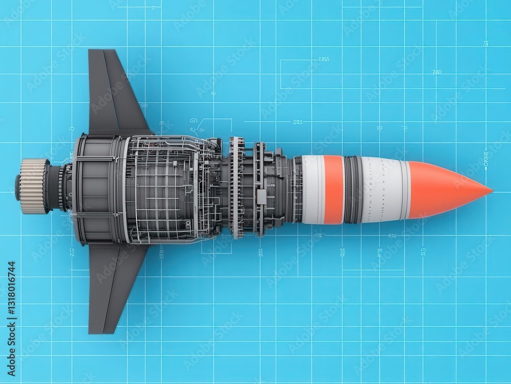 Blueprint of a modular jet engine system, with labeled parts and an ...