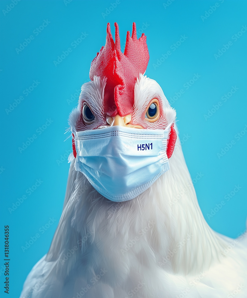 white chicken wearing surgical mask labeled H5N1, looking serious ...