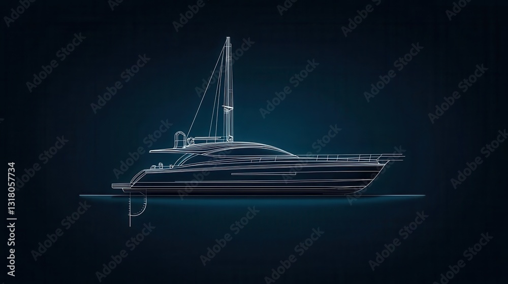 Sideview blueprint of a racing yacht, highlighting streamlined design ...