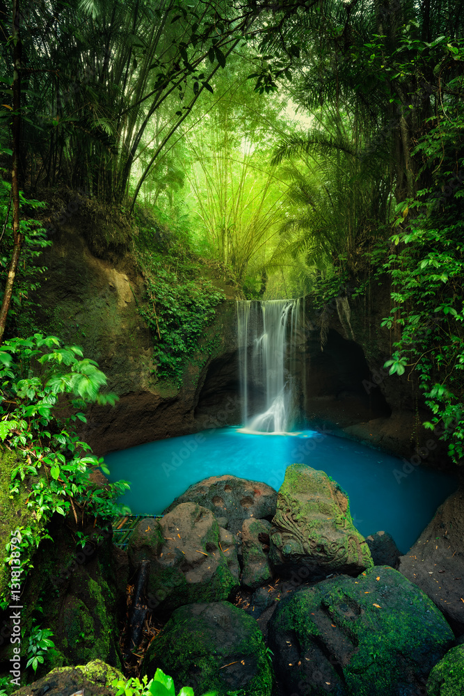 Beautiful waterfall in tropical rainforest jungle with bamboo raft on ...