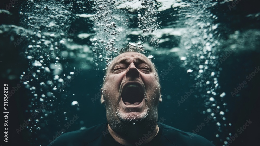 Desperate man drowning underwater, screaming for help with air bubbles ...