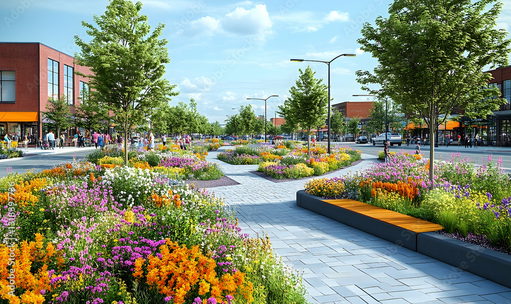 Vibrant urban streetscape showcases a pedestrian-friendly shopping ...