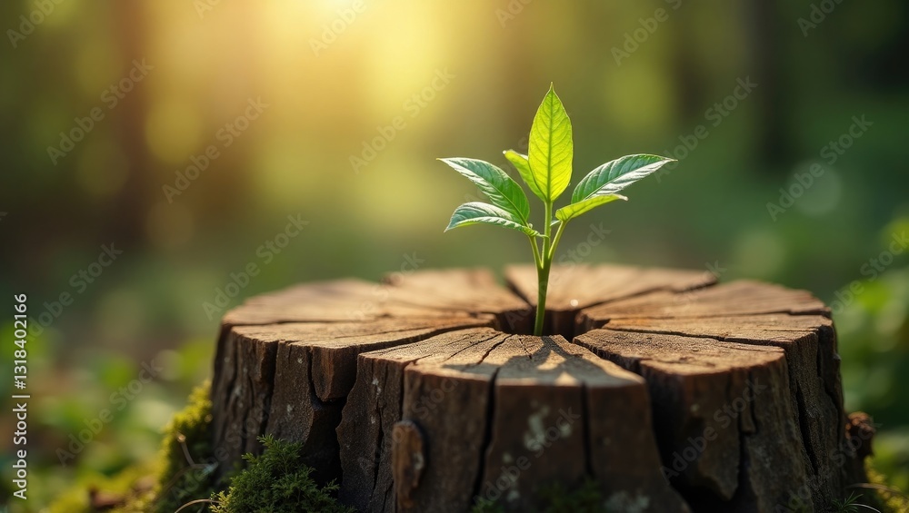 A resilient seedling emerging from the center of cut stumps. Concept of ...