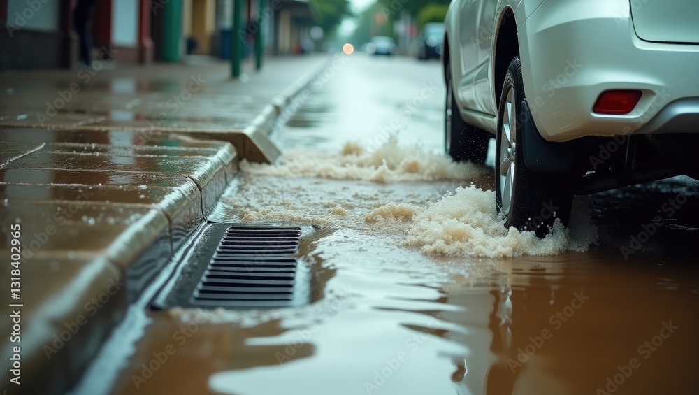 Flood water overflowing onto the road and entering a storm drain grate ...