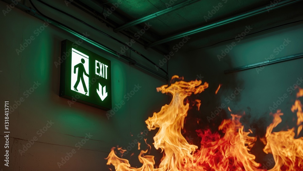 Green fire escape sign suspended from the ceiling in the warehouse. The ...