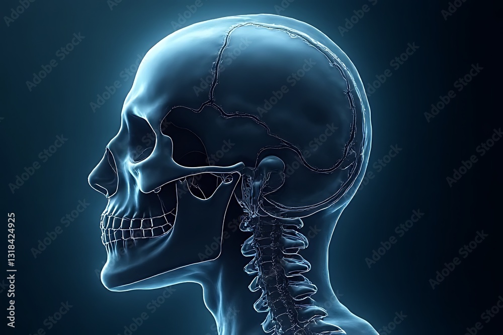X-ray analysis of human skull and spine medical imagery dark background ...