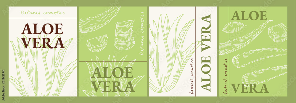 Aloe vera poster, cards template set. Natural cosmetics ingredient ...