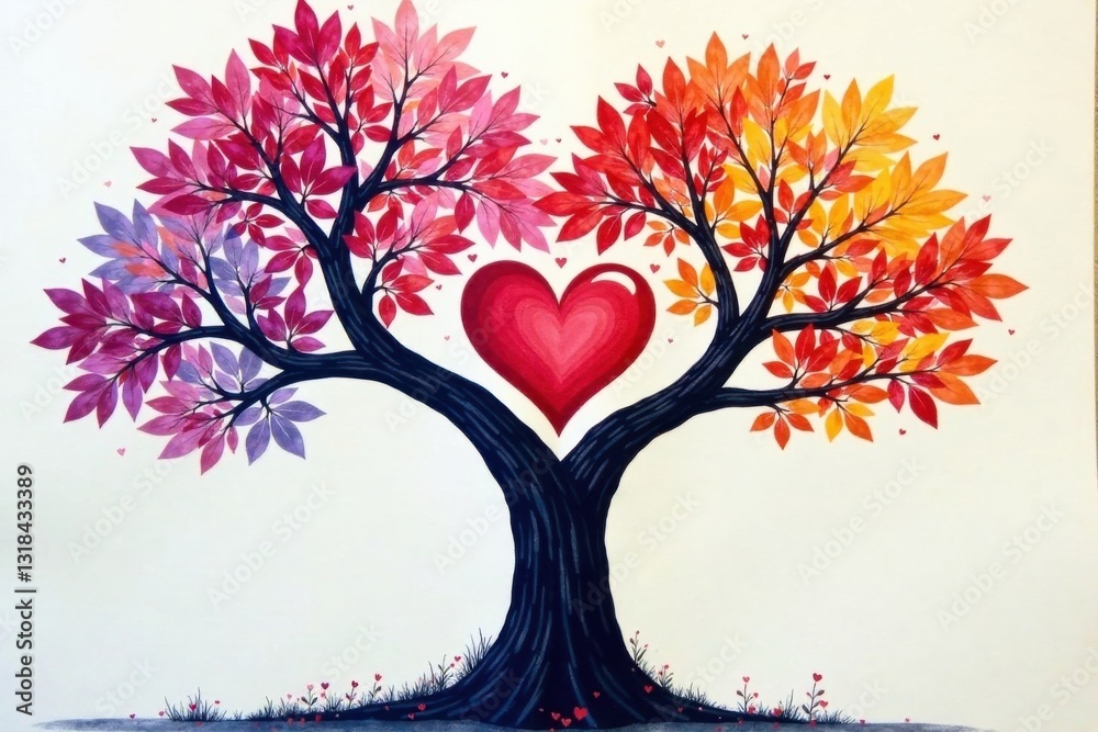 Handprint heart symbol on a family tree diagram , kinship, family tree ...