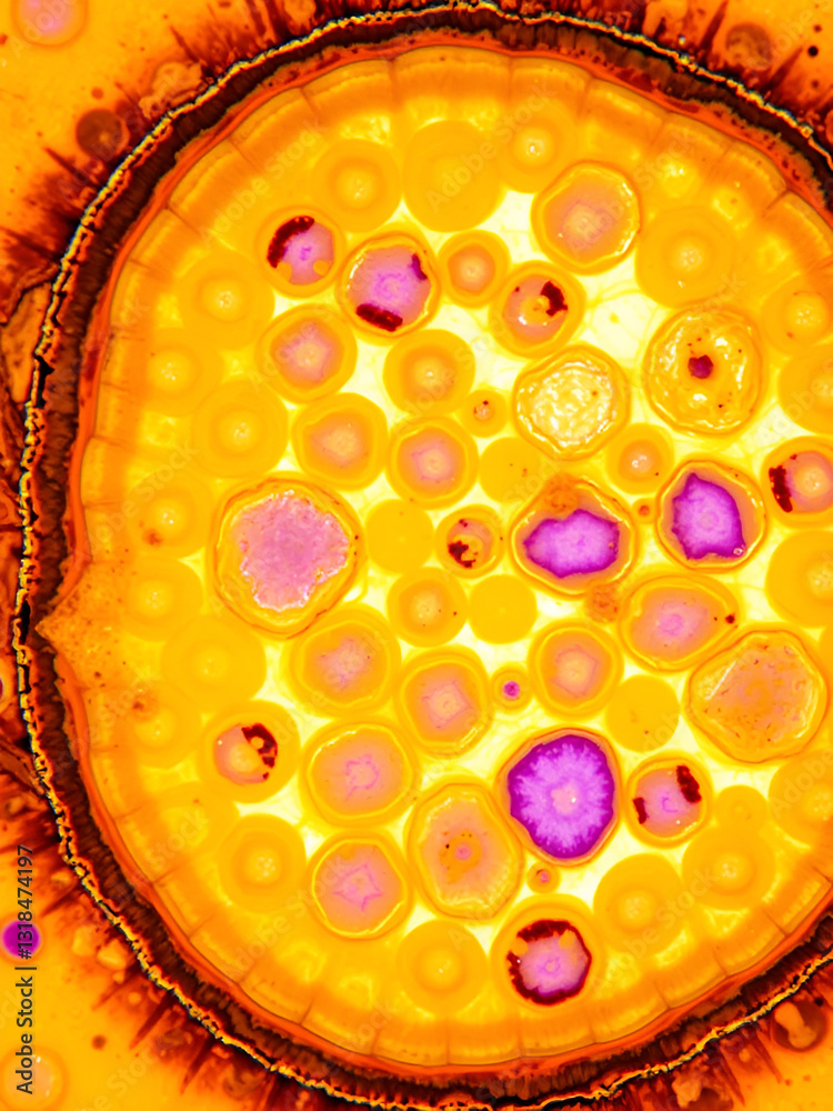 Cross-section, woody dicot stem, plant cells, microscopic image ...