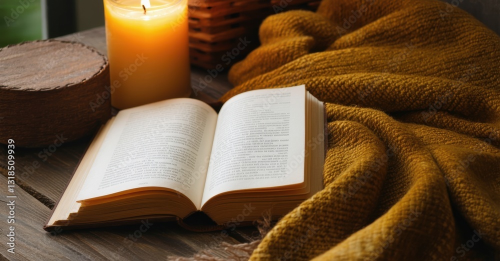 Quiet reading corner with open book flickering candle and cozy blanket ...