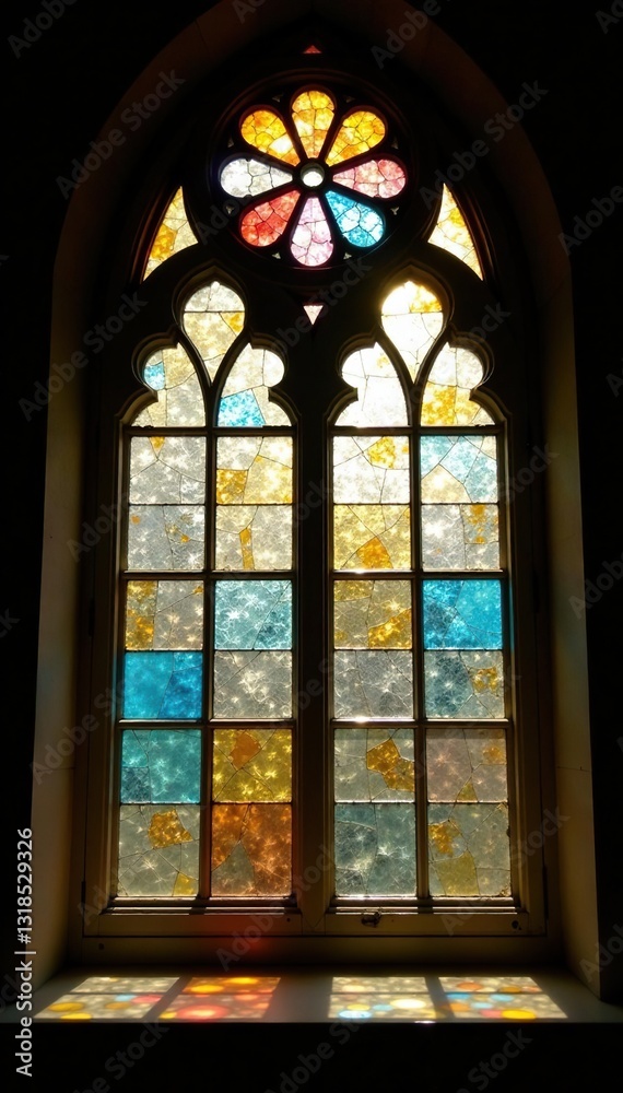 Faded glass windows with a hint of sunlight peeking through, diffused ...