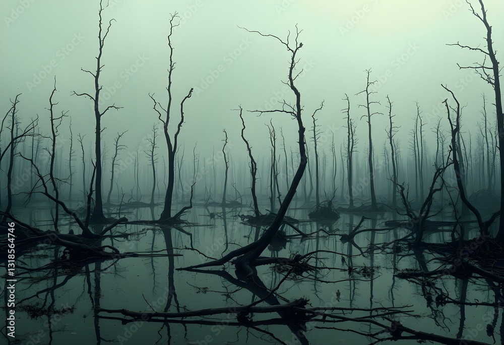 Dark misty swamp, dead trees reflected in still water, eerie atmosphere ...