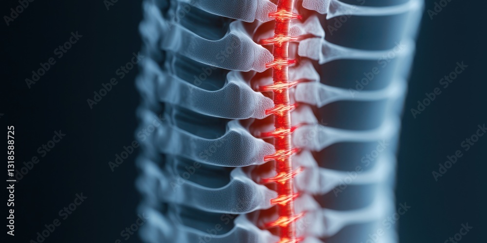 Herniated disc therapy concept. Illuminated human spine highlighting ...