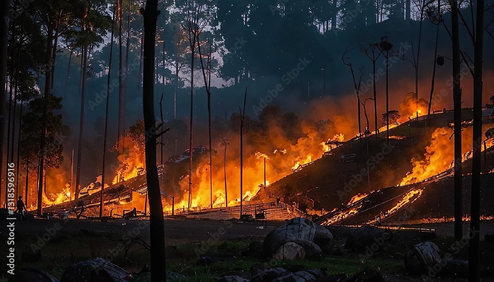 Huge tongues of flame engulf the dense forest thicket, illuminating the ...