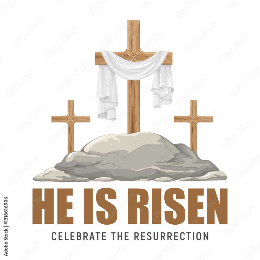 Happy Easter greeting. Wooden cross with shroud on Calvary, religious ...