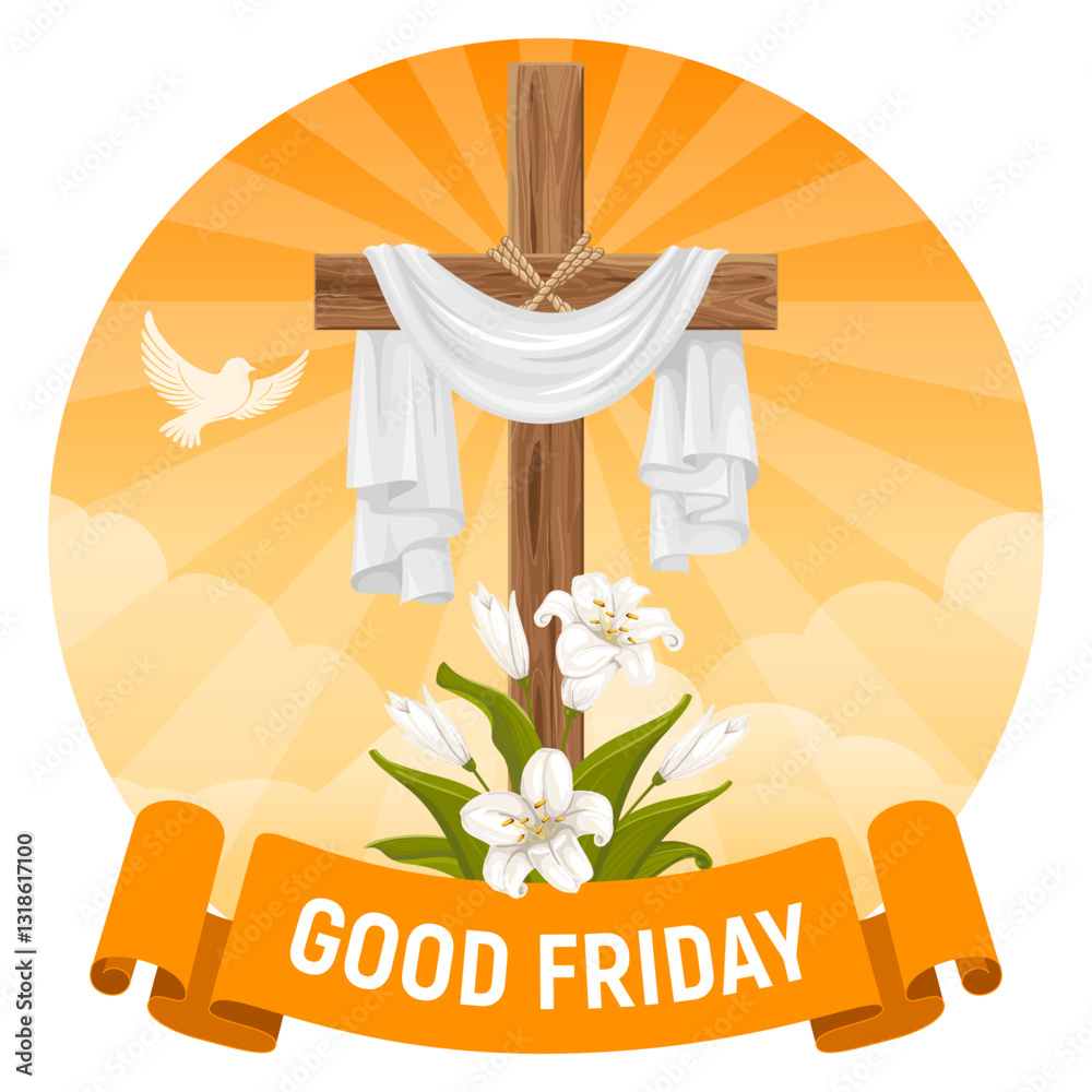 Good Friday. Wooden cross with shroud and lily flowers against sky with ...