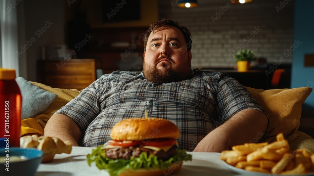 Fat man eating fast food hamberger. Breakfast for overweight person ...