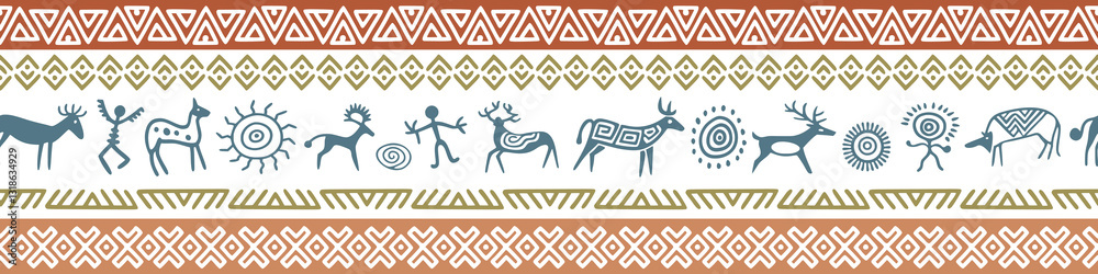 Ethnic seamless border on the theme of rock paintings, petroglyphs and ...