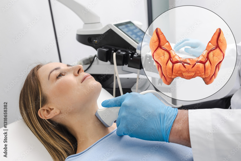 Woman patient receives thyroid diagnostics. Treatment of thyrotoxicosis ...