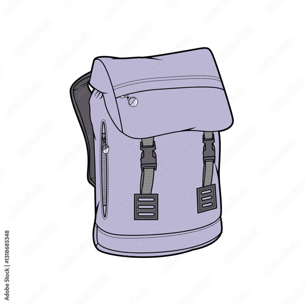 College backpack design technical flat sketch vector mockup template ...