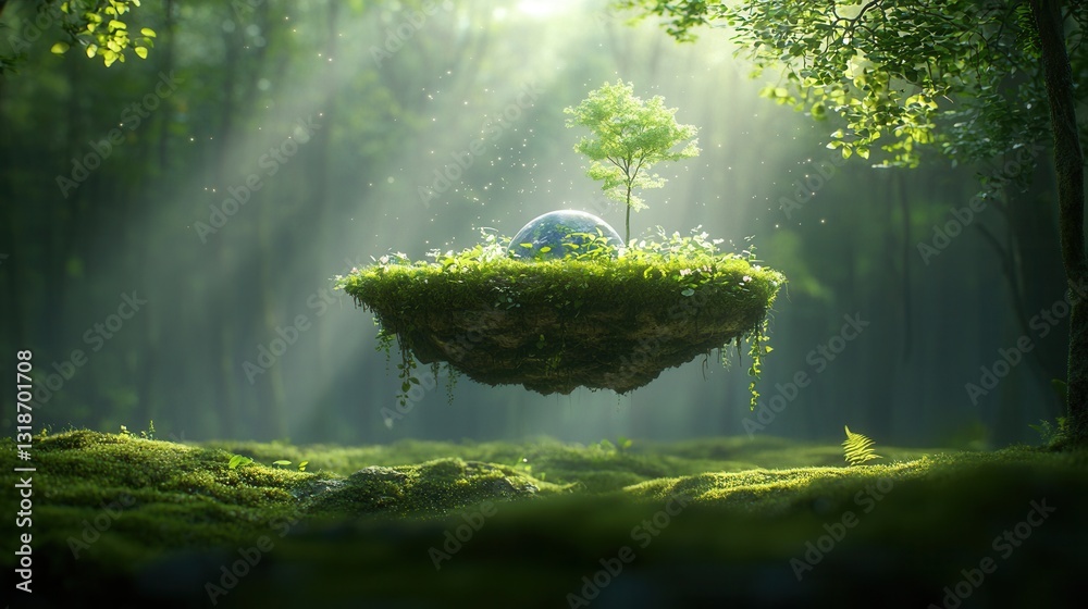 Levitating moss covered floating island suspended in an enchanted ...